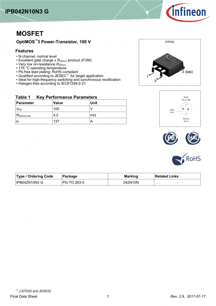 IPB042N10N3G datasheet page 1