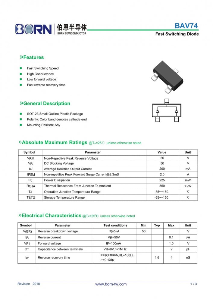 BAV74 datasheet page 1