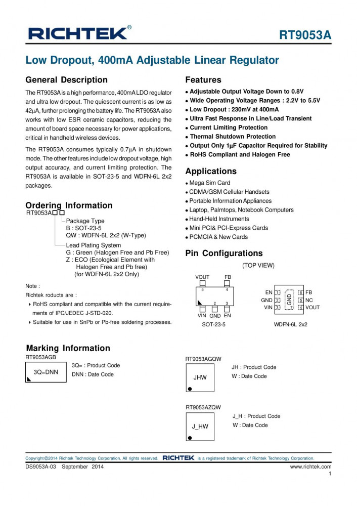 RT9053A datasheet page 1