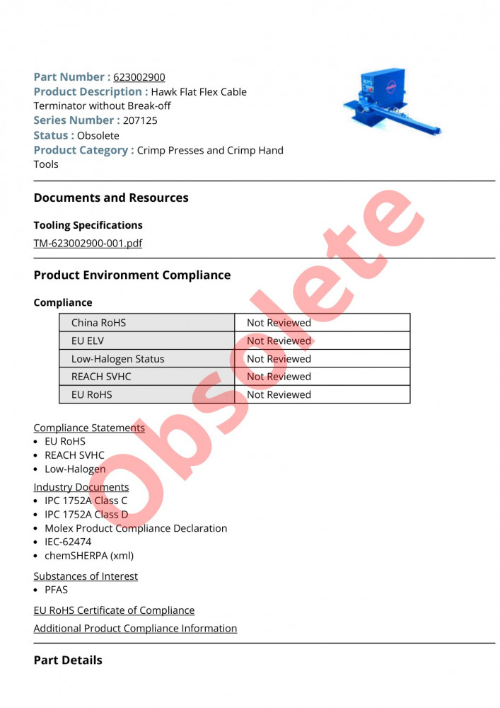 Tooling specification document page 1 for Molex part 623002900