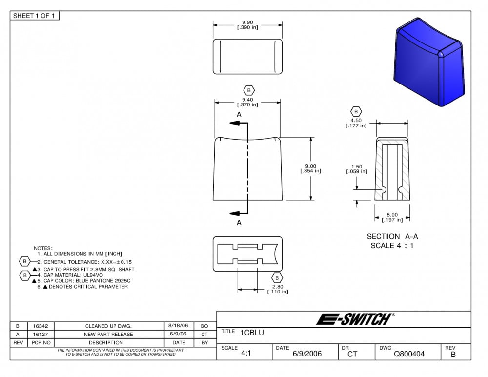 E-Switch 1CBLU technical drawing