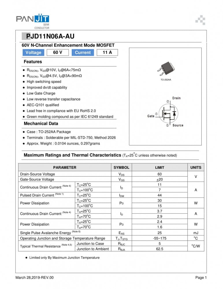 PJD11N06A-AU datasheet page 1