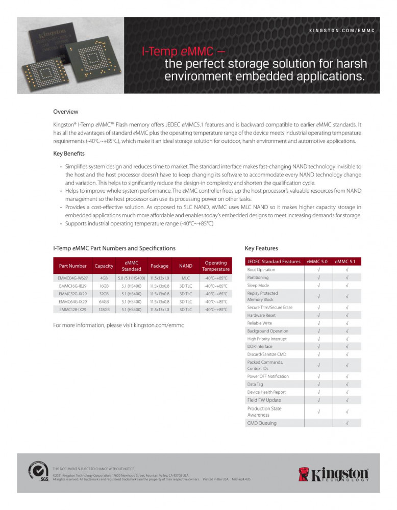 Kingston EMMC04G-W627 technical document preview