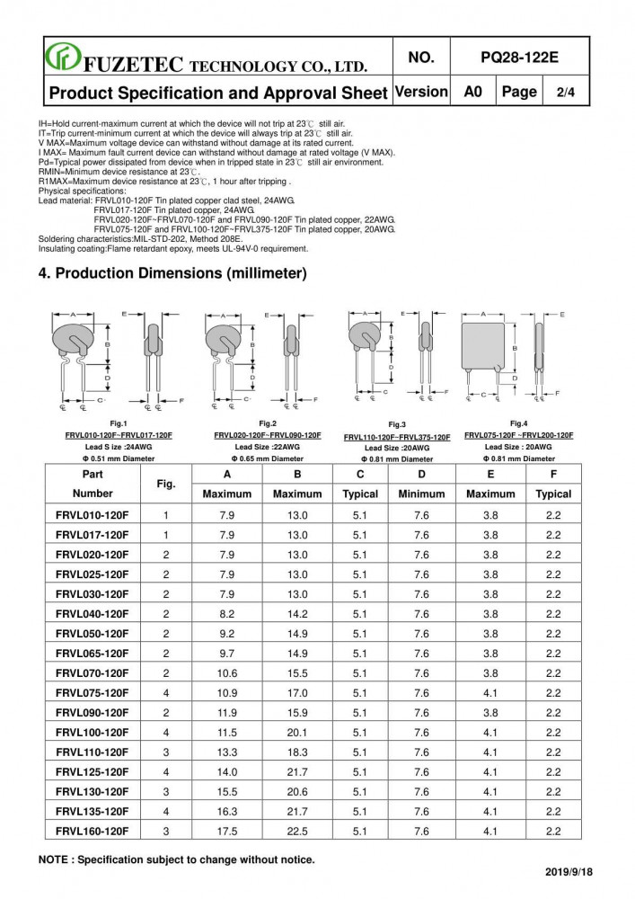 FRVL Series specification sheet page 2