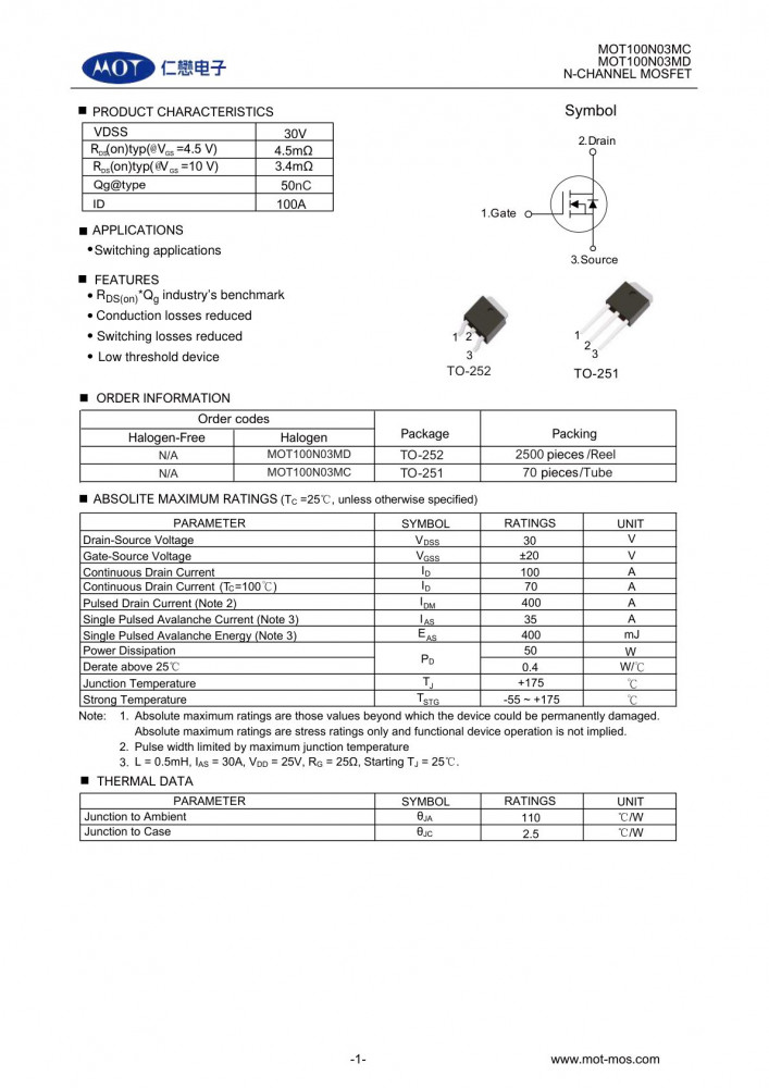 MOT100N03MD datasheet page 1