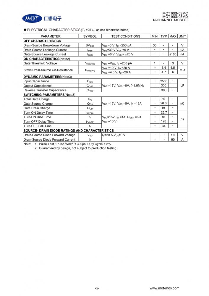 MOT100N03MD datasheet page 2