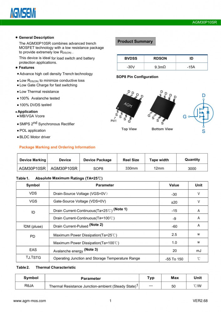 AGM30P10SR datasheet page 1
