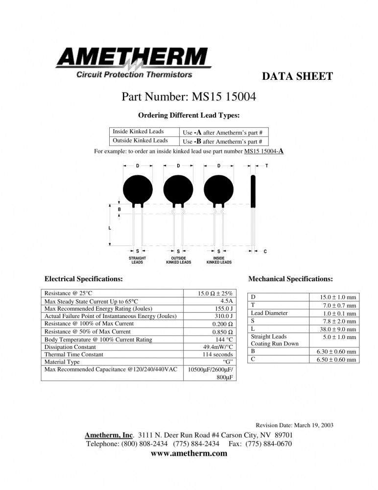 Ametherm MS15 15004 datasheet technical drawing and specifications