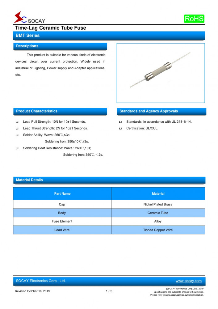 SOCAY BMT series fuse datasheet page 1