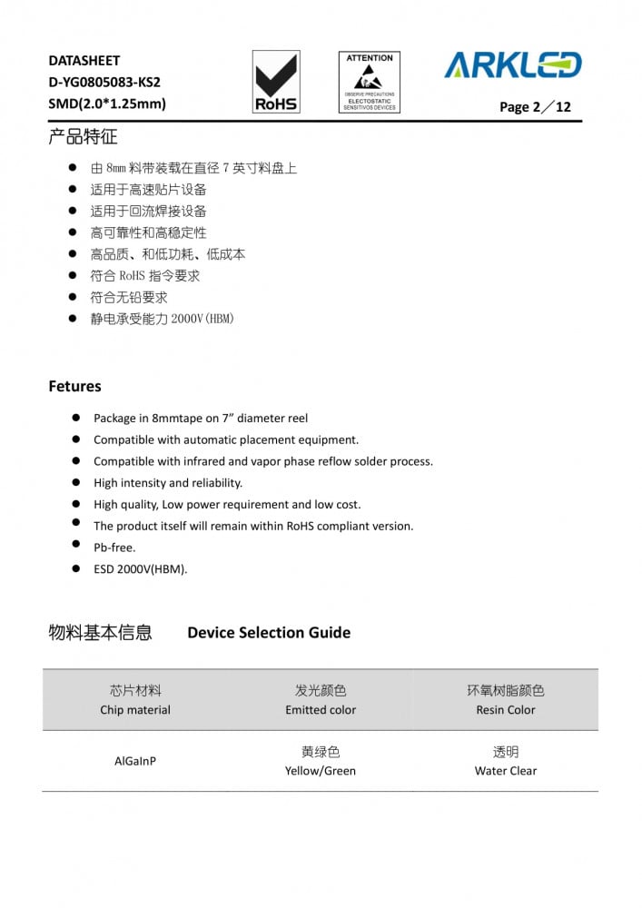 ARKLED D-YG0805083-KS2 datasheet page 2