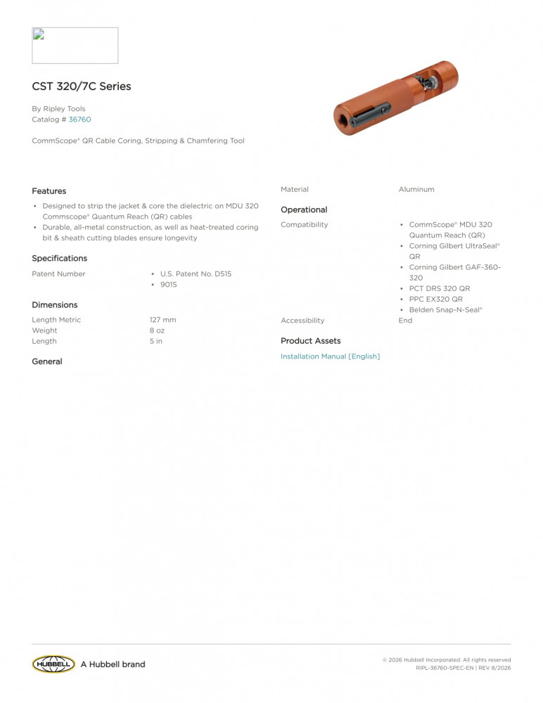 Product documentation image for Burndy catalog 36760 CST 320/7C cable preparation tool