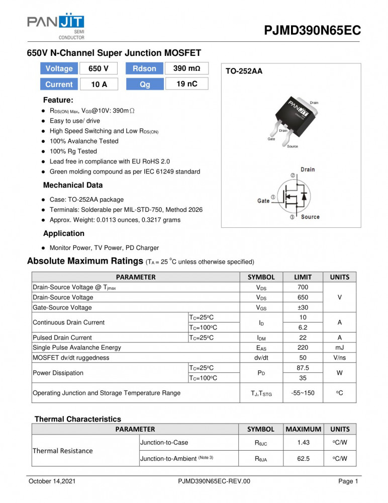 PJMD390N65EC datasheet page 1
