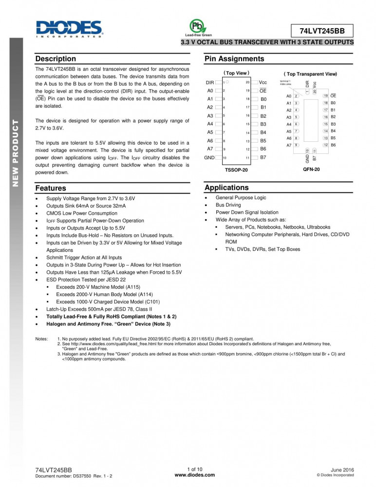 74LVT245BBQ20-13 datasheet page 1