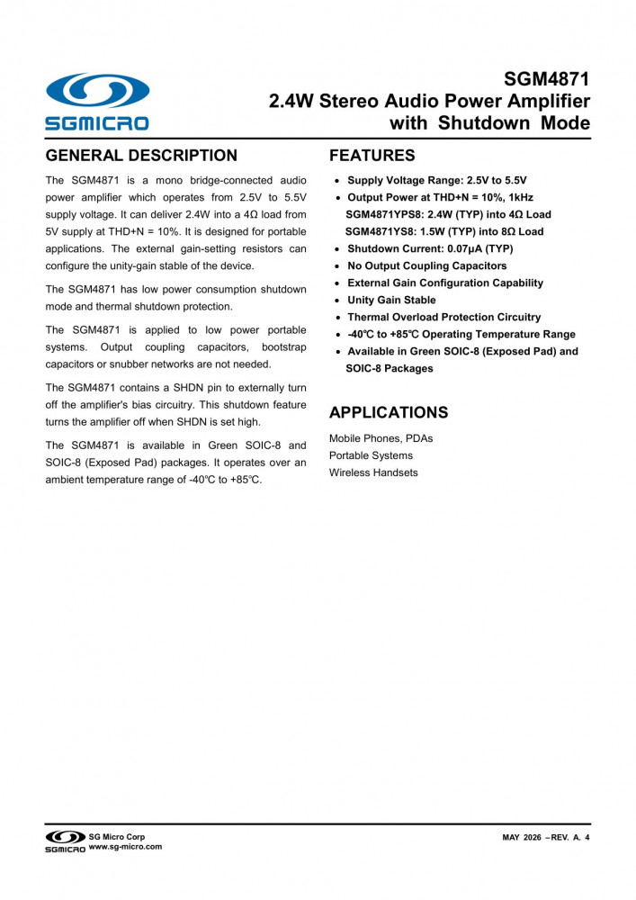 SGM4871 datasheet page 1