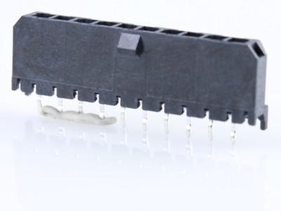 Micro-Fit 3.0 Right-Angle Header, 3.00mm Pitch, Single Row, 10 Circuits, with PCB Press-fit Metal Retention Clip, 0.38µm Gold Plating, Glow-Wire Capable, Black