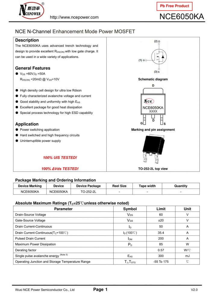 NCE6050KA datasheet page 1