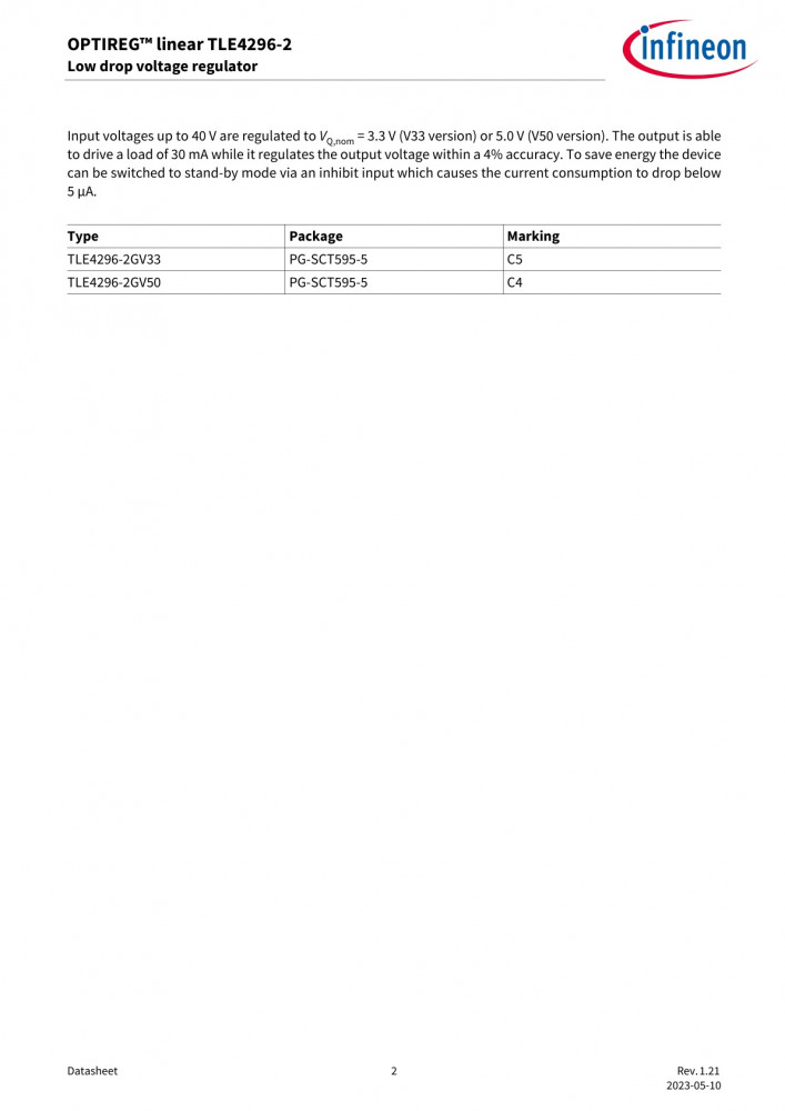 TLE42962GV50 datasheet page 2