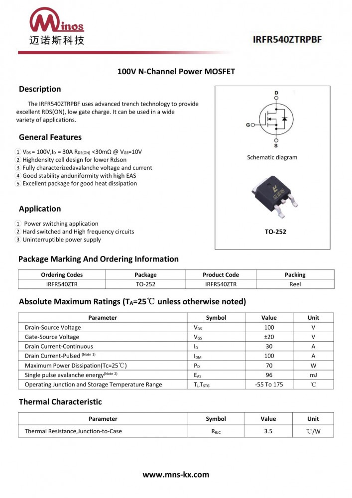 IRFR540ZTRPBF-MNS datasheet page 1
