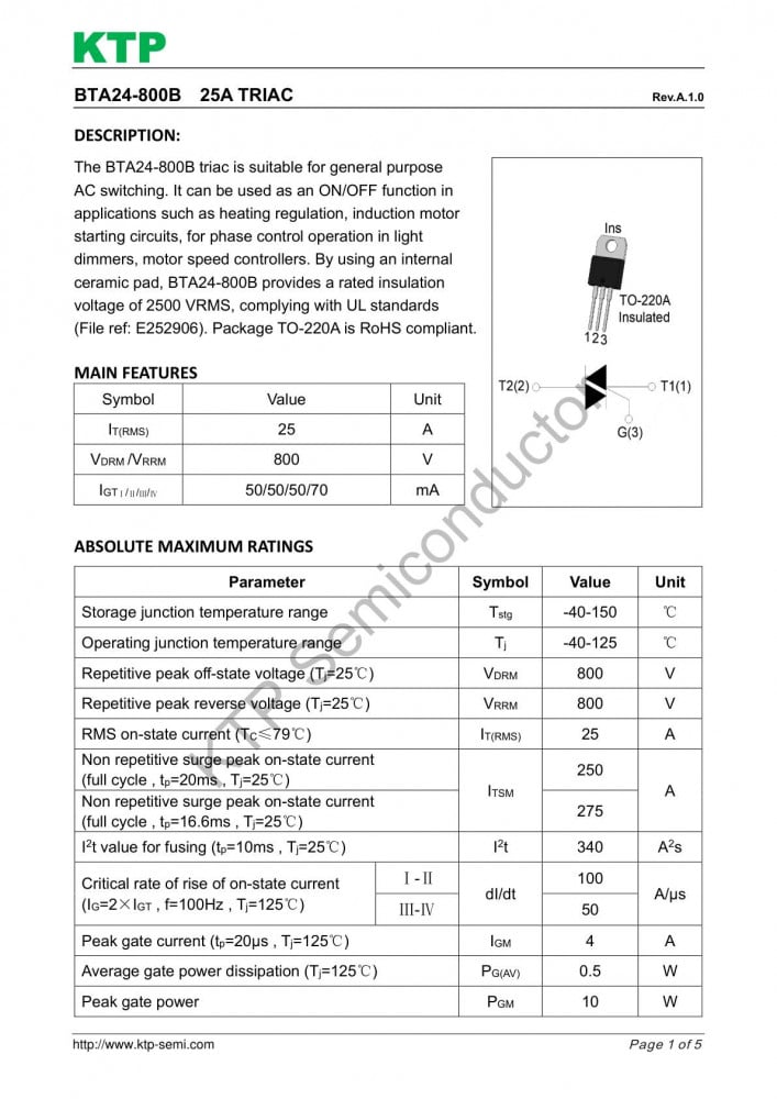 BTA24-800B datasheet page 1