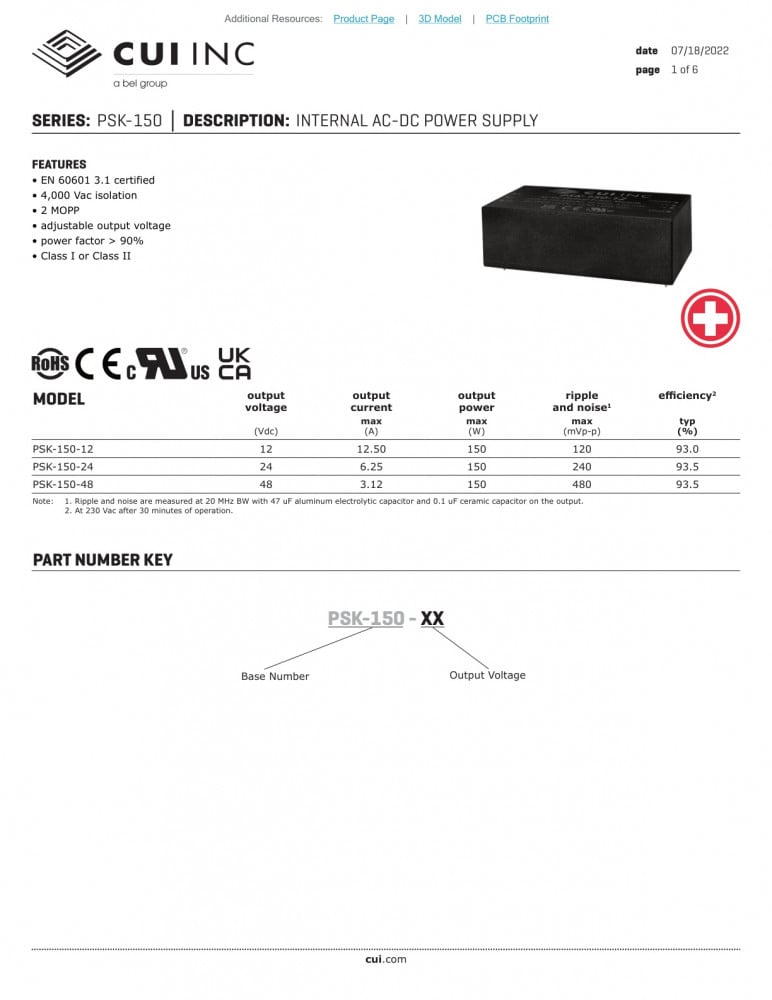 CUI PSK-150-12 datasheet page 1