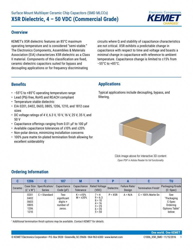 KEMET C0603C335K9PACTU datasheet page 1
