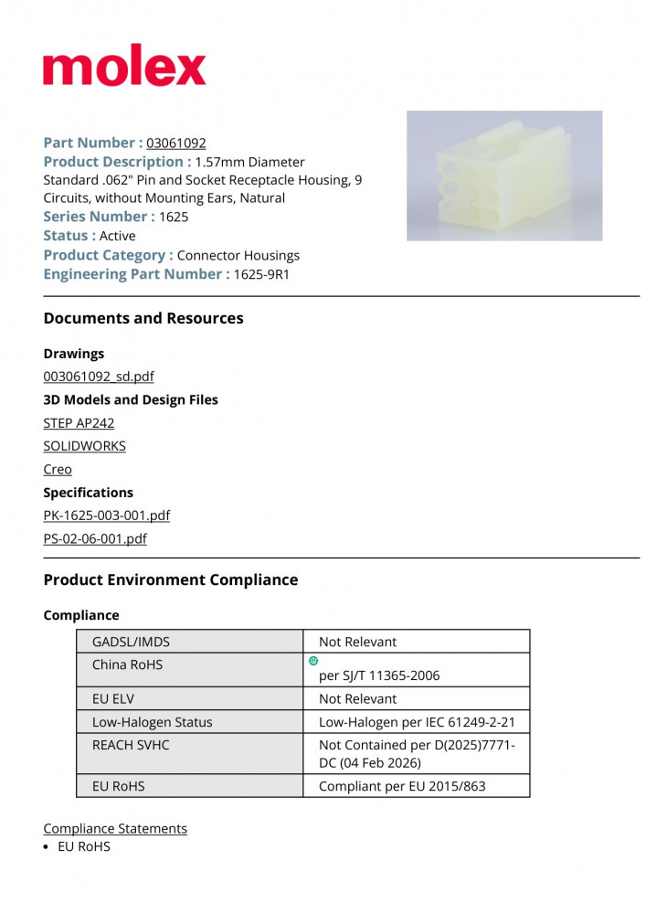 Molex 0.062-inch miniature terminal specification, page image 1