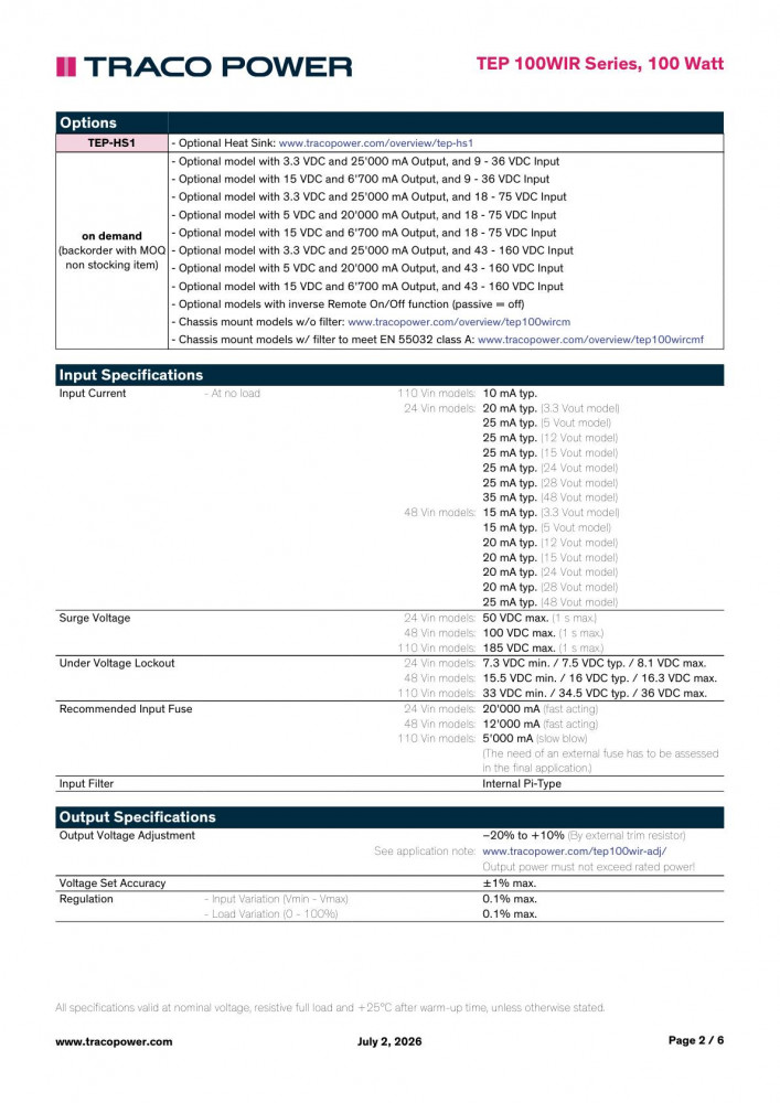 TEP 100WIR Series technical document, page 2