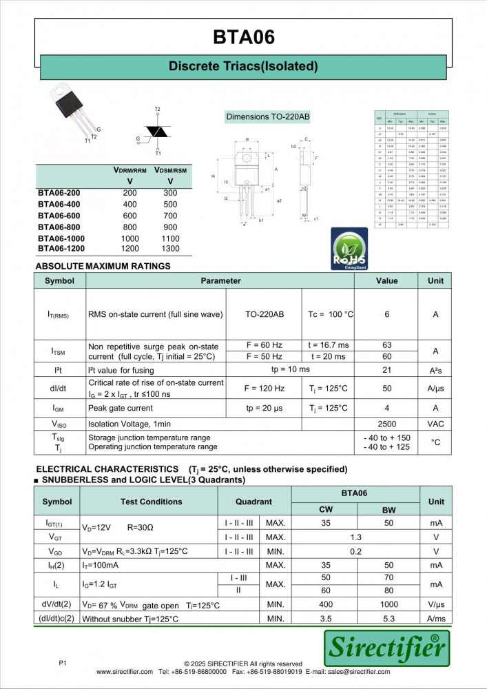 BTA06 datasheet page 1