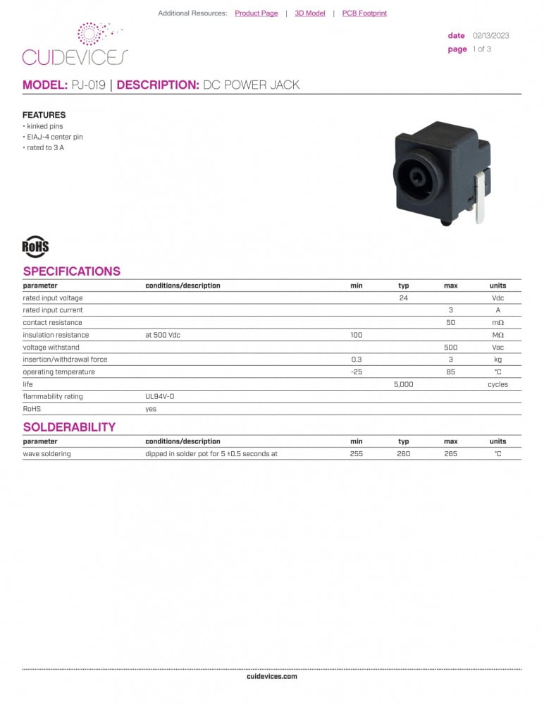 CUI PJ-019 datasheet page 1