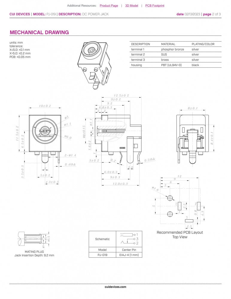 CUI PJ-019 datasheet page 2