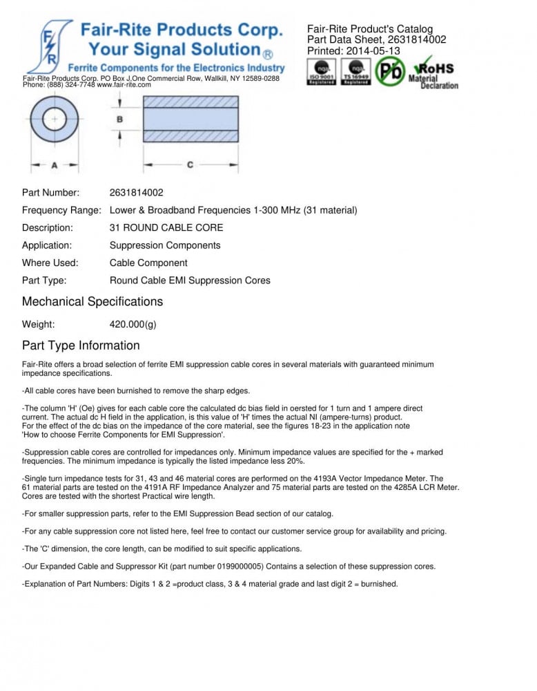 Fair-Rite 2631814002 technical document page 1