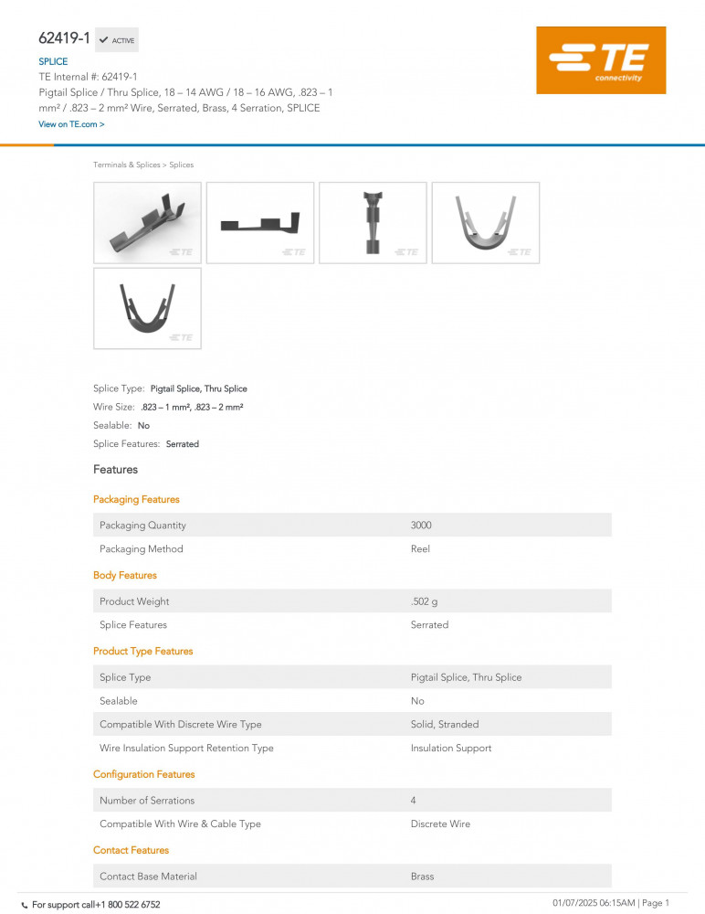 TE Connectivity 62419-1 technical document page 1