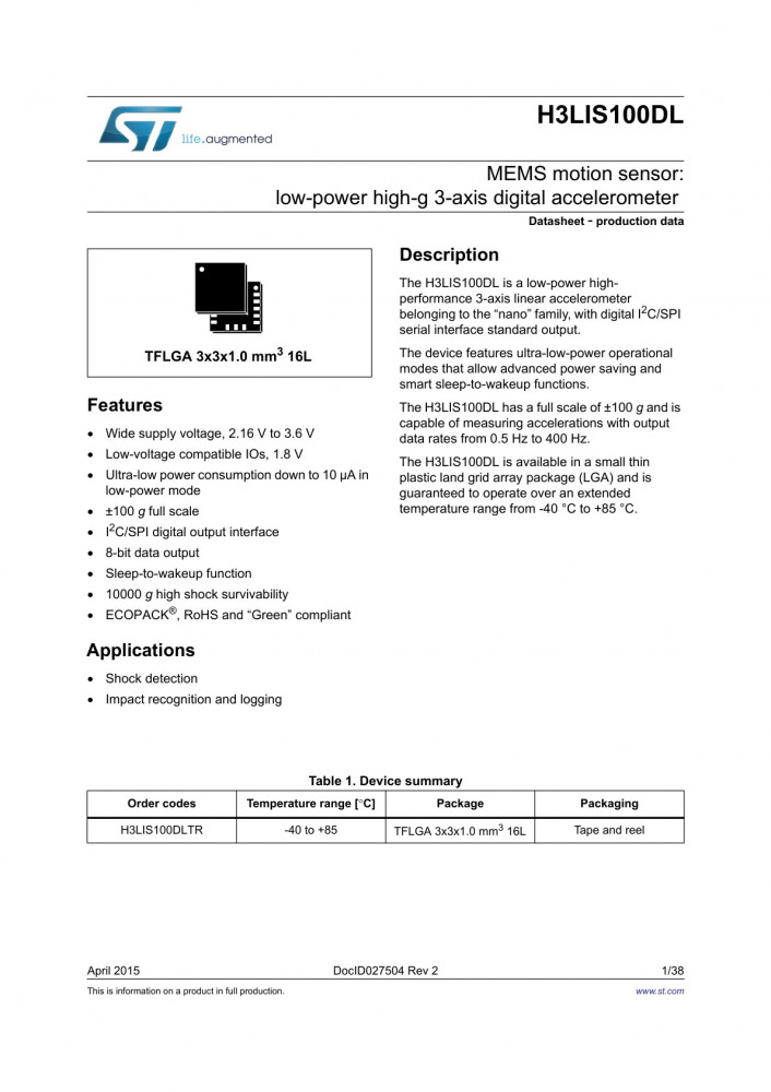 H3LIS100DL datasheet page 1