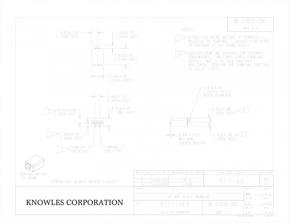 Knowles BK-21839-000 receiver outline drawing