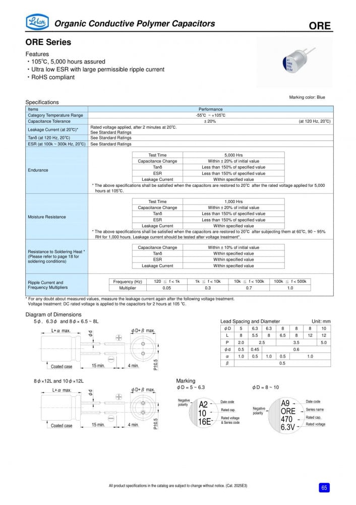 Lelon ORE series datasheet page 1