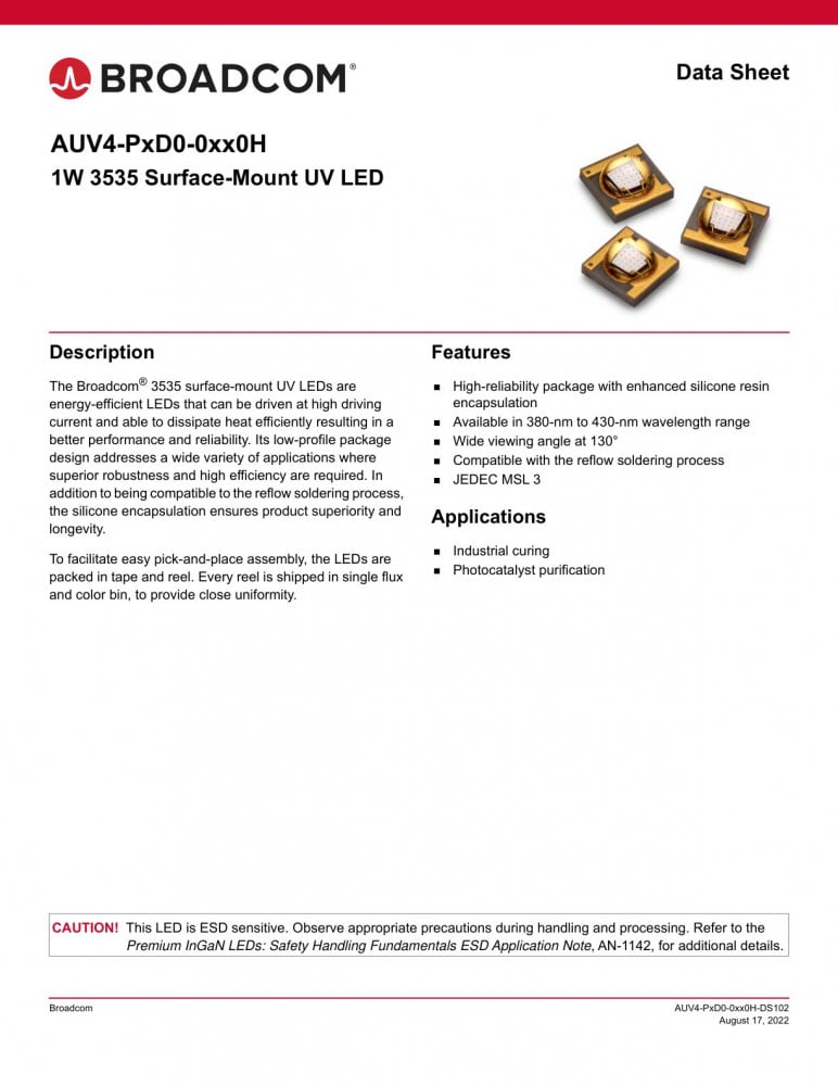 Broadcom AUV4-PSD0-0MP0H datasheet page 1