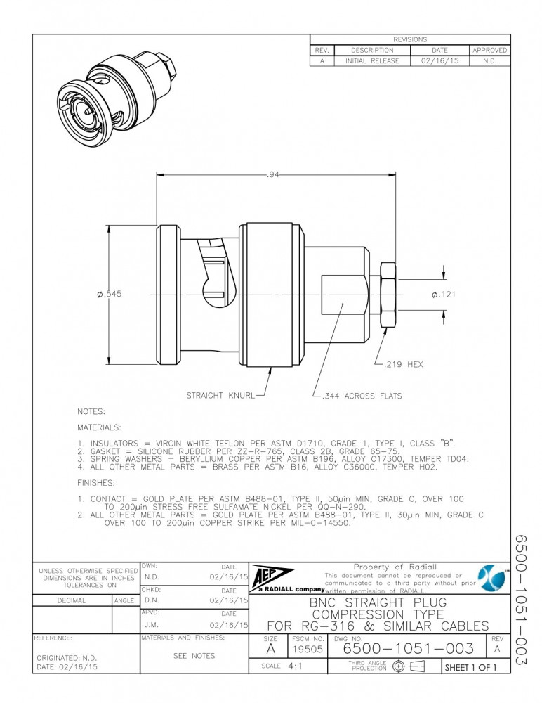 Radiall drawing reference for 6500-1051-003 BNC straight plug