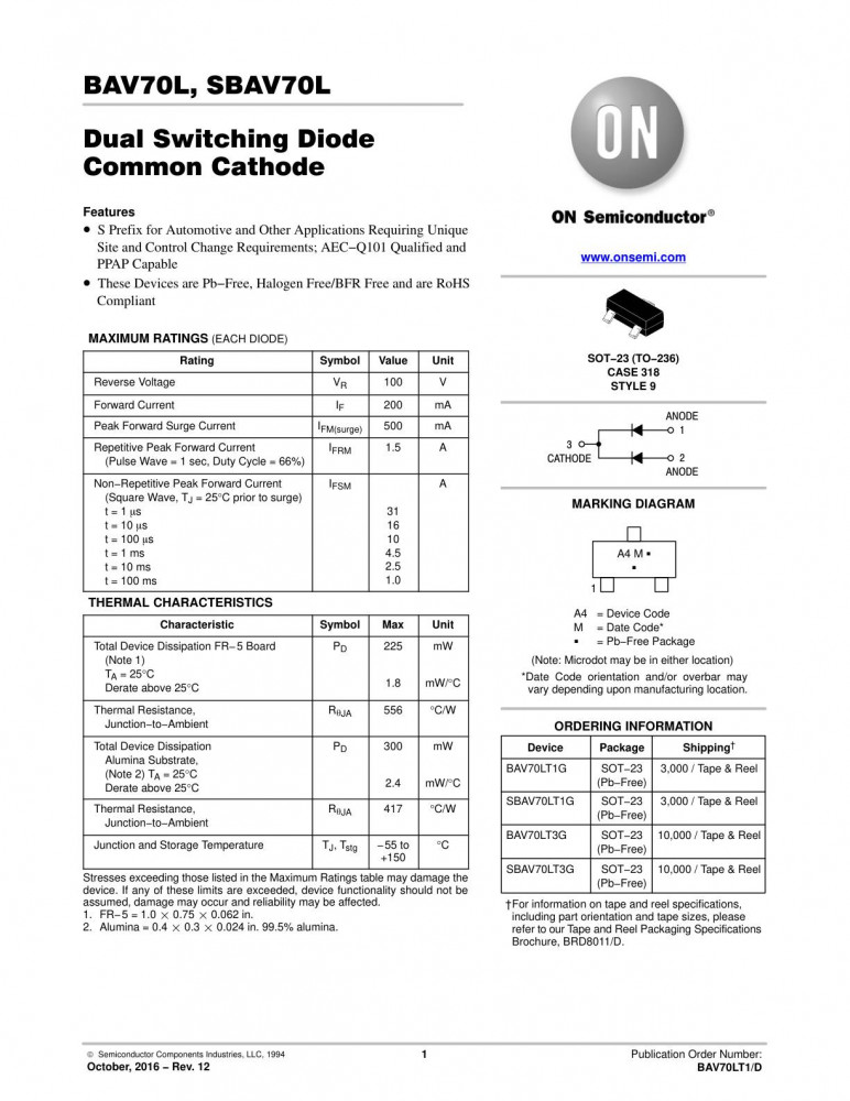 BAV70LT1G datasheet page 1
