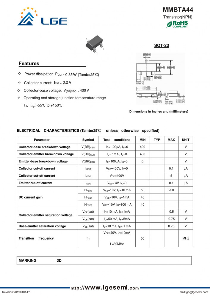 LGE MMBTA44 datasheet page 1