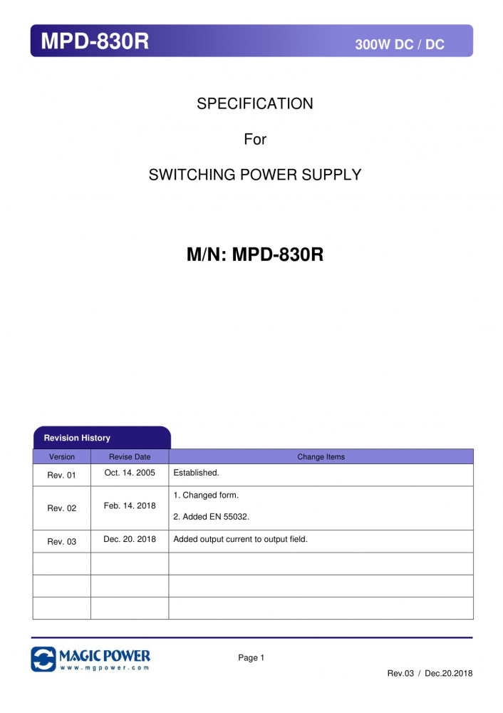 MPD-830R specification document page 1