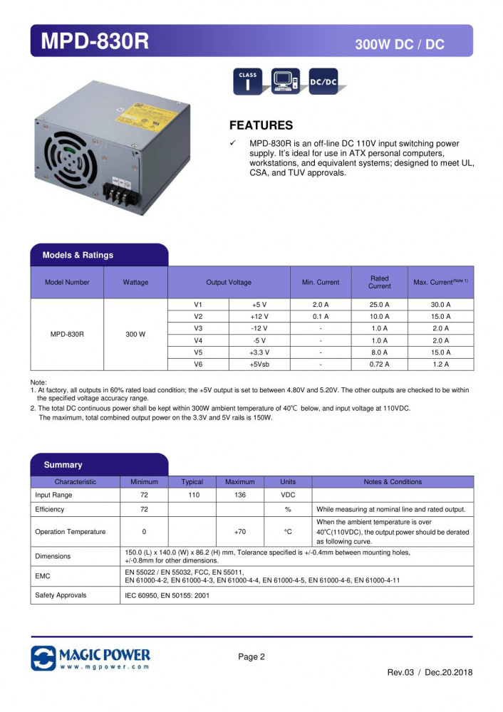 MPD-830R specification document page 2