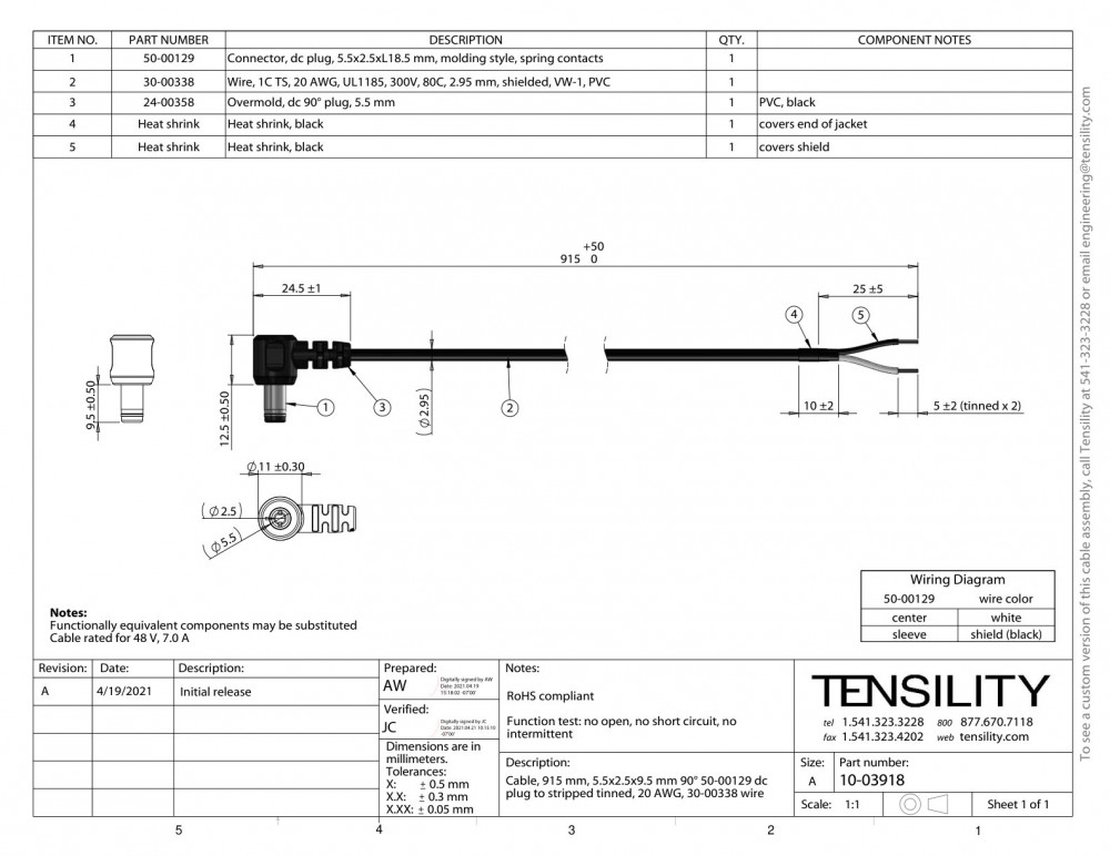 Tensility International 10-03918 cable assembly drawing