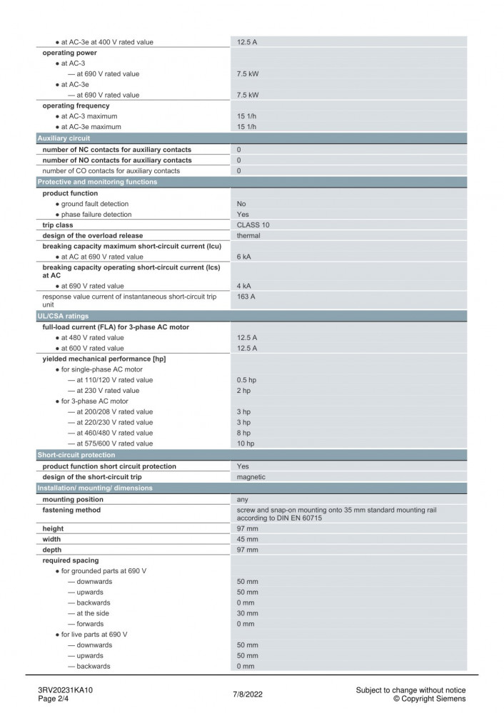 3RV20231KA10 datasheet page 2