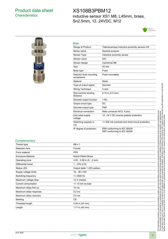 XS108B3PBM12 technical document page 1