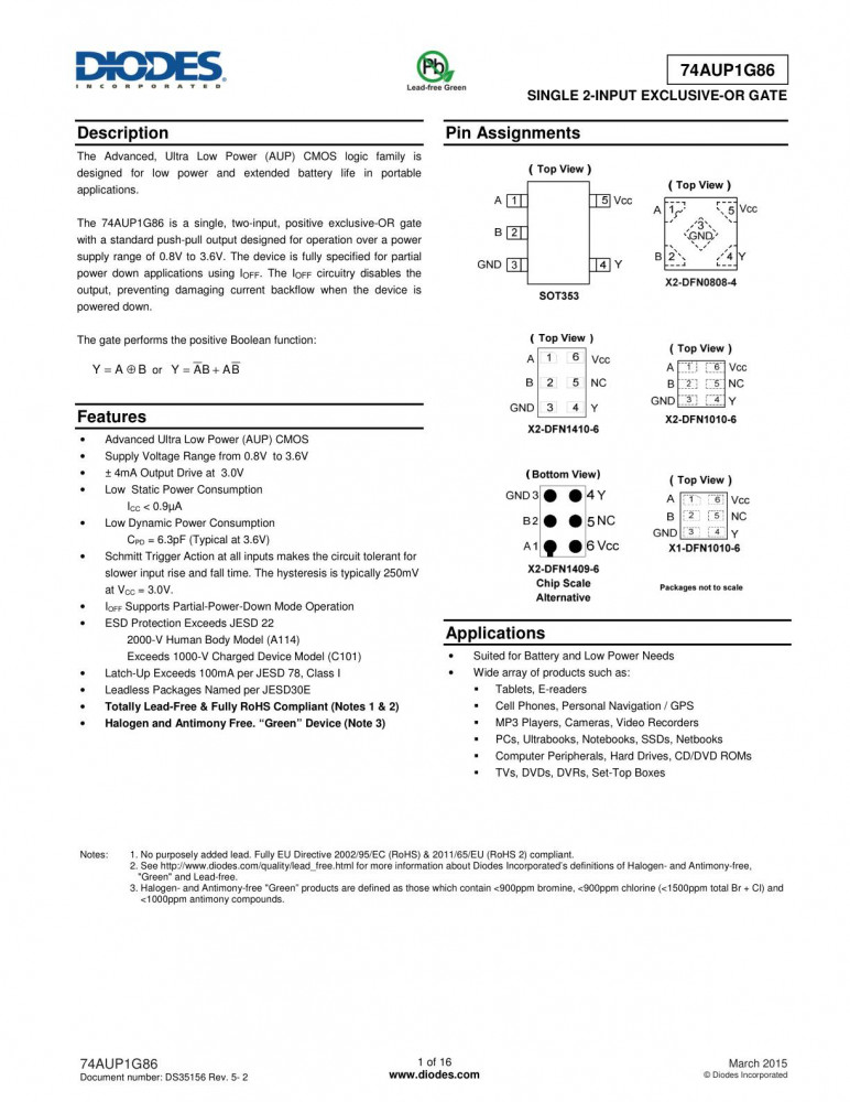 74AUP1G86FX4-7 datasheet page 1