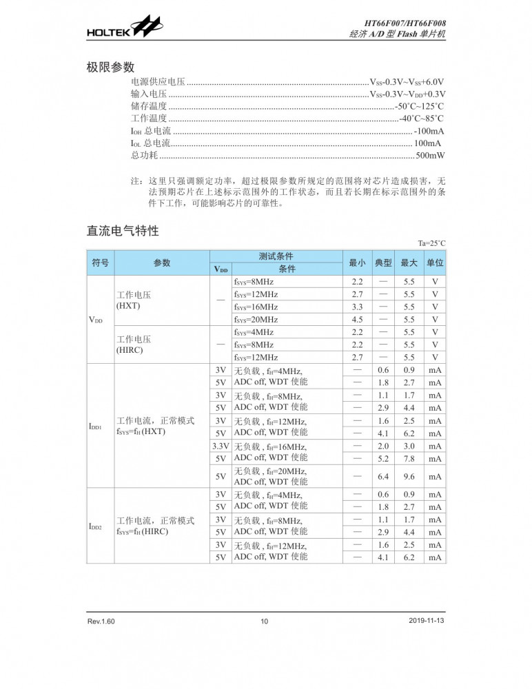 HT66F007 datasheet page 10