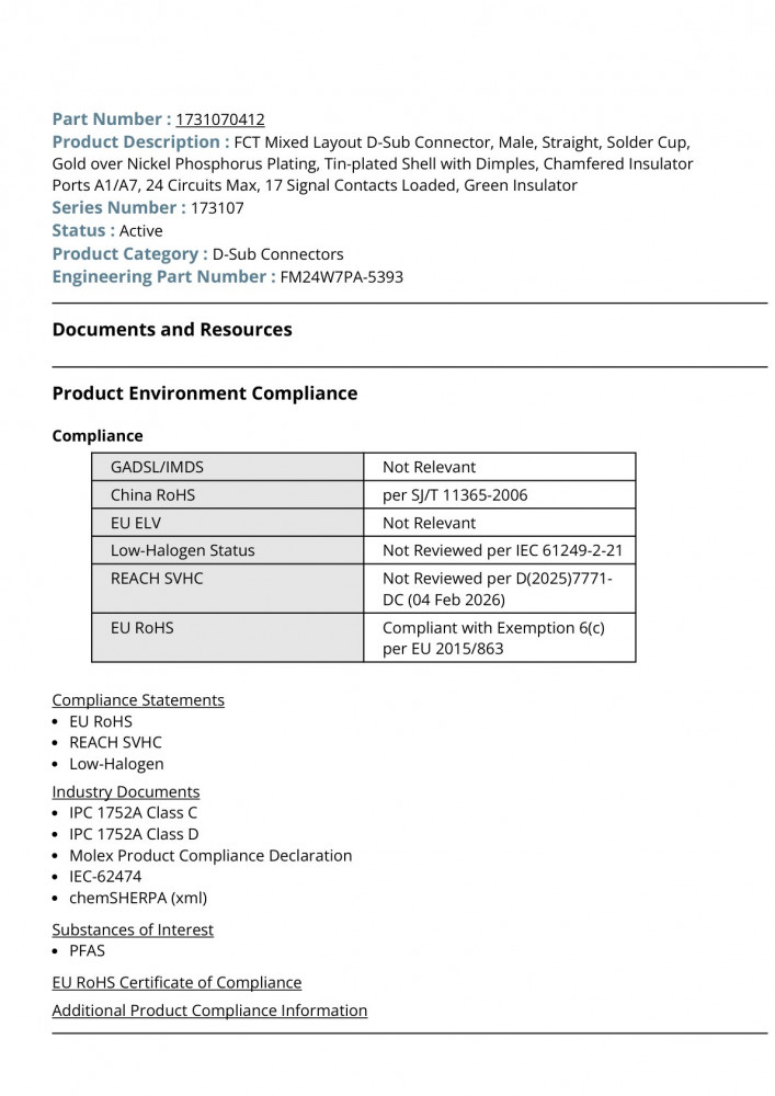 MOLEX 1731070412 technical document page 1