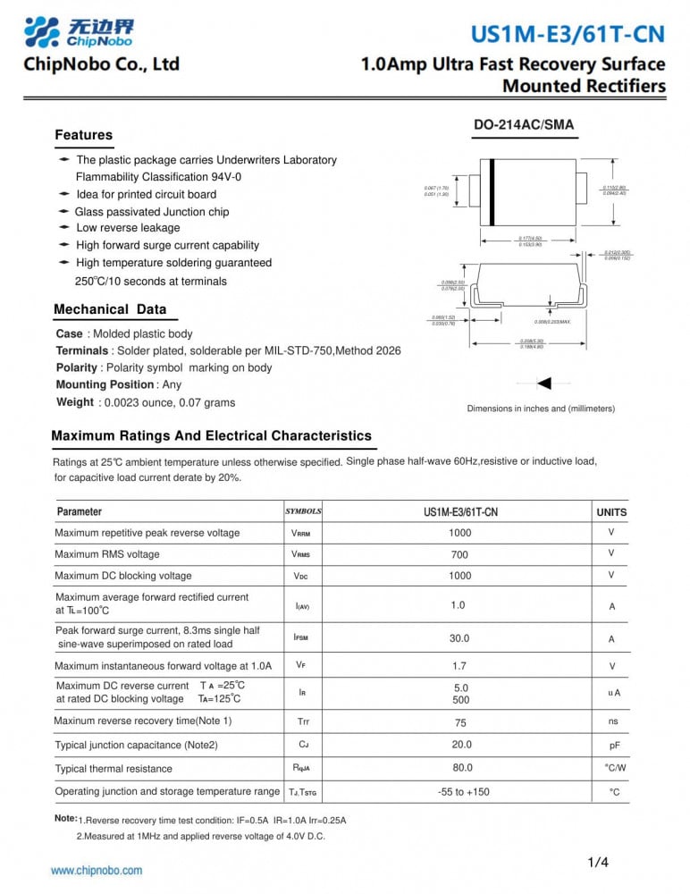 US1M-E3/61T-CN datasheet page 1