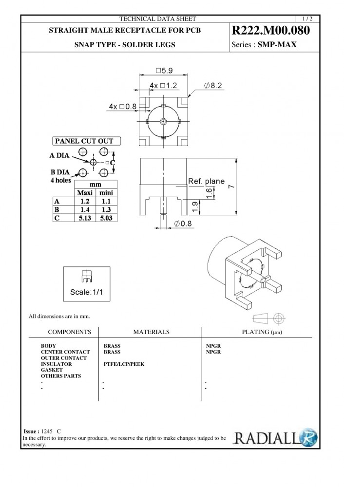 Radiall R222M00080 technical drawing, page 1