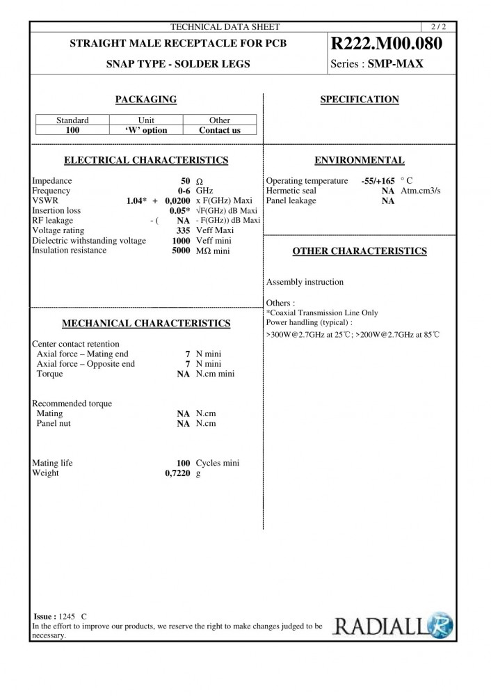 Radiall R222M00080 technical data, page 2